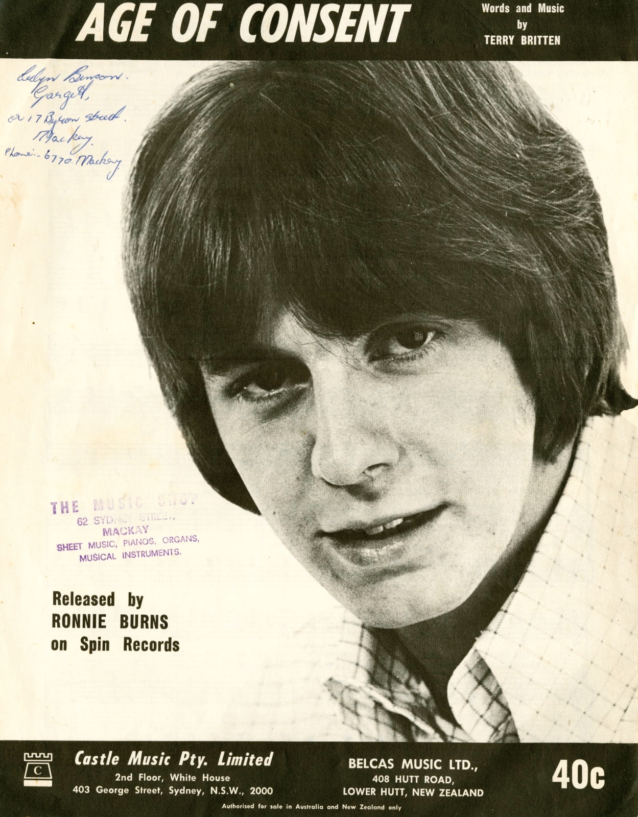 RONNIE BURNS - AGE OF CONSENT (TERRY BRITTEN) - VINTAGE SHEET MUSIC ...