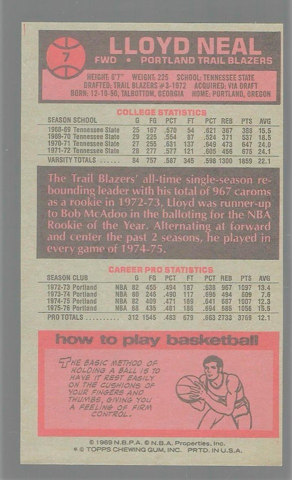 1976 TOPPS BASKETBALL #7 LLOYD NEAL NM/MT PORTLAND TRAIL BLAZERS RARE ...