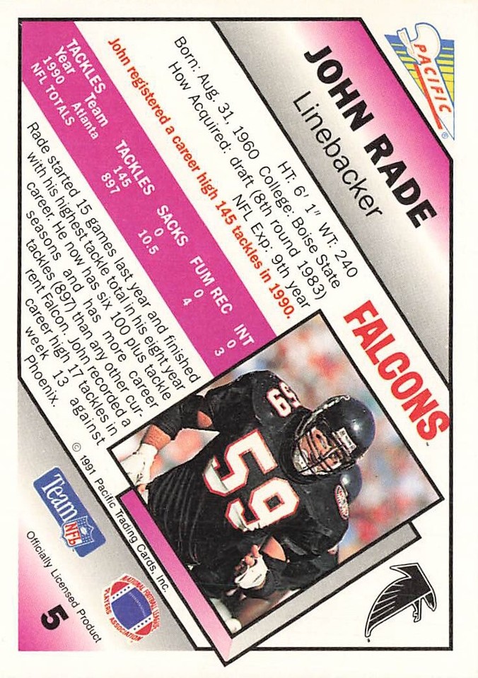 1991 Pacific #5 John Rade Atlanta Falcons | eBay