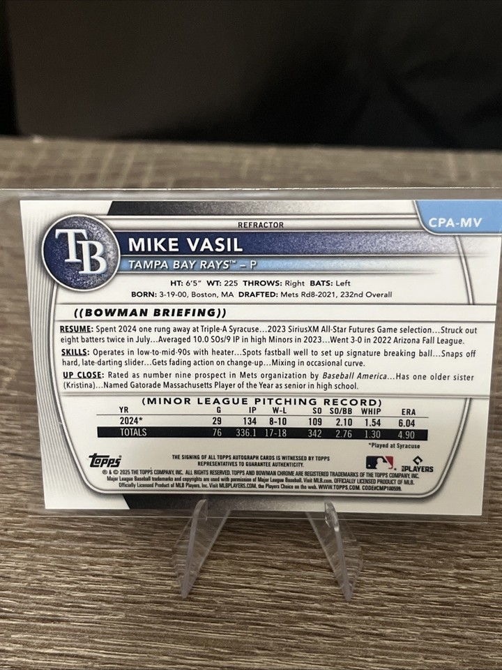 2025 Bowman Chrome Mike Vasil Refractor Auto /499 Rays RC 1st Bowman | eBay