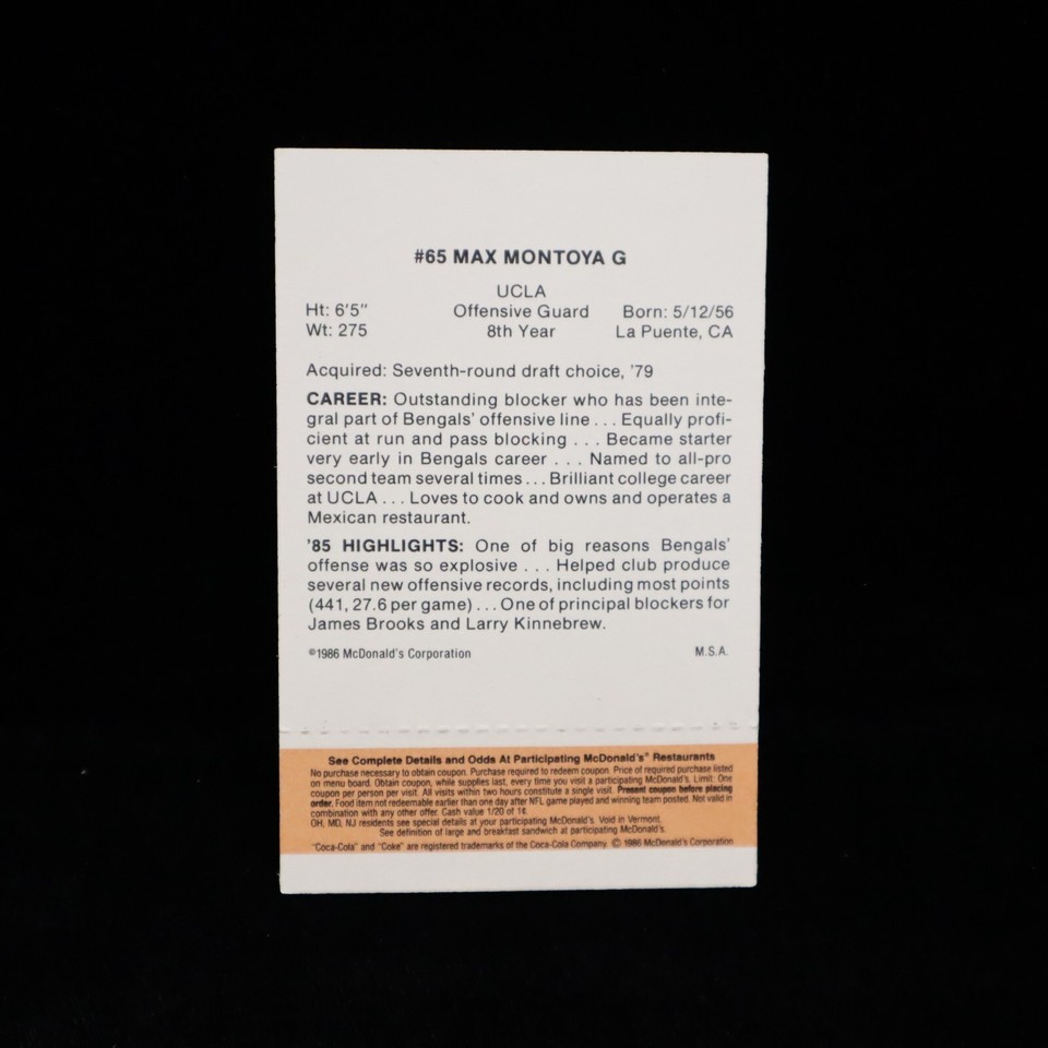1986 Max Montoya Cincinnati Bengals McDonalds ORANGE Game Card #65 | eBay