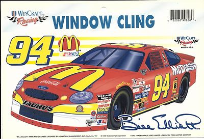 NASCAR WINCRAFT STICKER BILL ELLIOTT #94 WINDOW CLING DECAL FROM 1998 ...