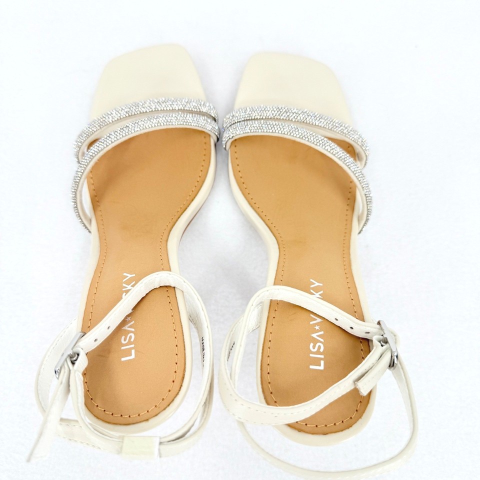 Lisa Vicky Gem V Women's Cream Square Toe Rhinestone Strap Heels Size ...