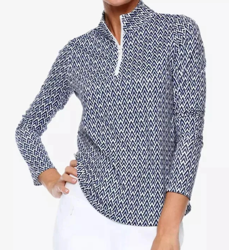 NWT BELYN KEY Navy Blue Skyline Print Long Sleeve Mock Golf Shirt Size ...