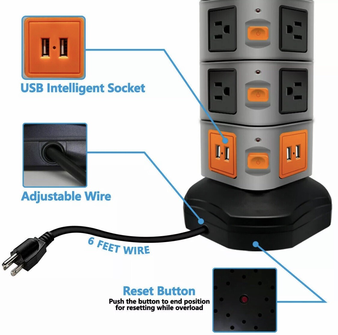 Surge Protector Power Strip 14 Outlets 4 USB/ Rotating Tower/ 6FT Wire ...