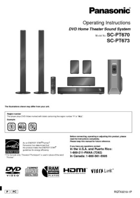 Panasonic SA-PT670 SA-PT673 Home Theater System Owners Instruction ...
