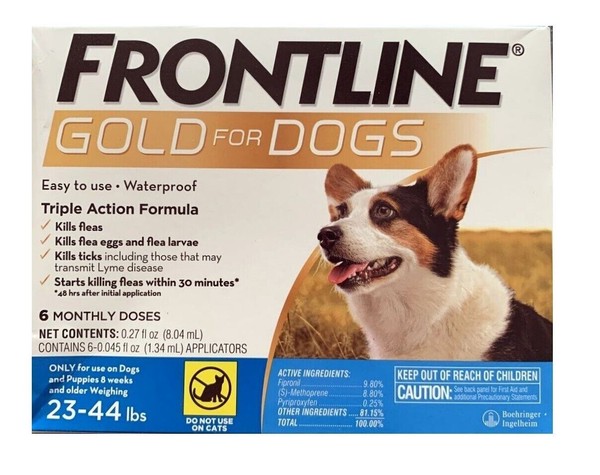 Frontline Gold For Dogs 23-44lbs 6 Monthly Doses Flea and Tick ...