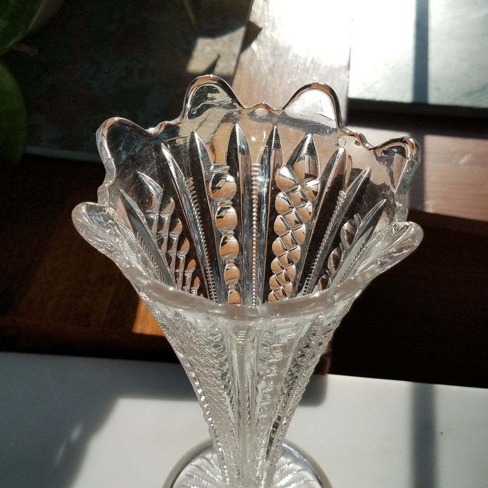 Vintage Pressed Clear Glass, Fluted & Footed Vase, Scalloped Rim 9.75"H ...