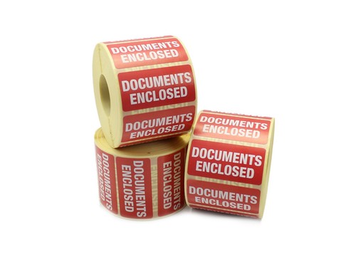 1,000 - 'DOCUMENTS ENCLOSED ' Labels / stickers on a roll. 50x25mm Red ...
