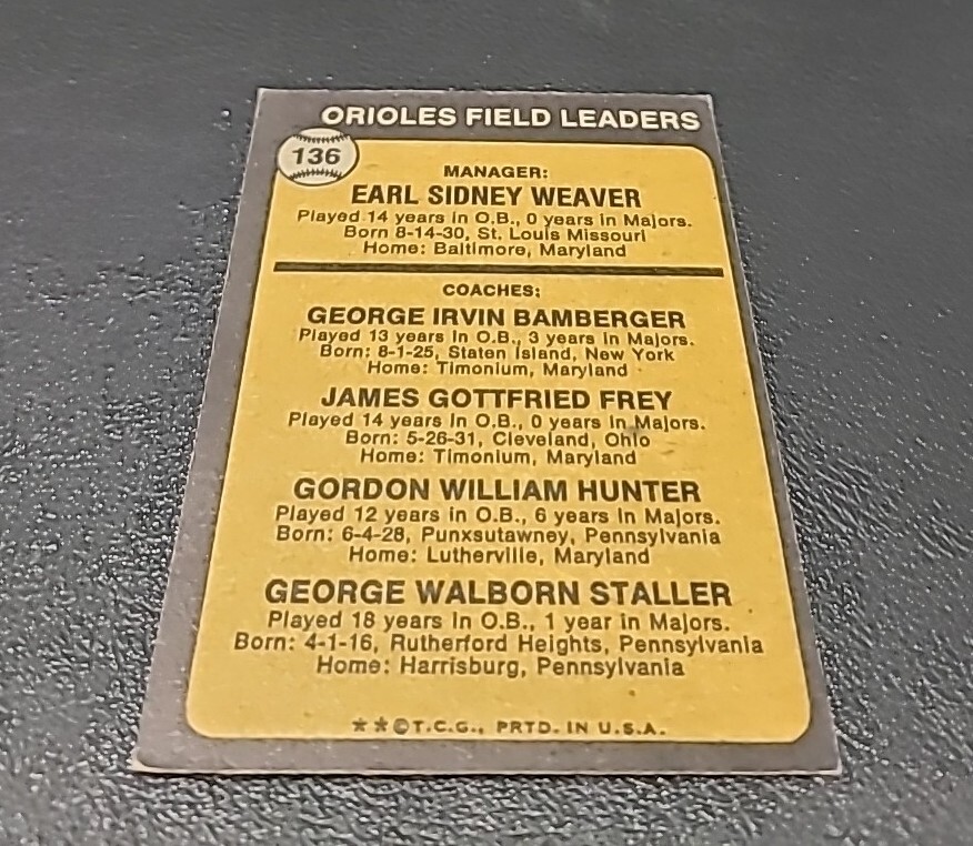 1973 Topps - Orange Background #136 Earl Weaver, Billy Hunter, Jim Frey ...