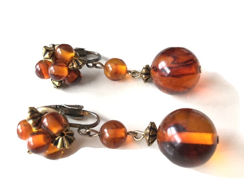 Vintage Faux Amber Tortoise Shell Bakelite Ball Cluster Dangle Clip On ...