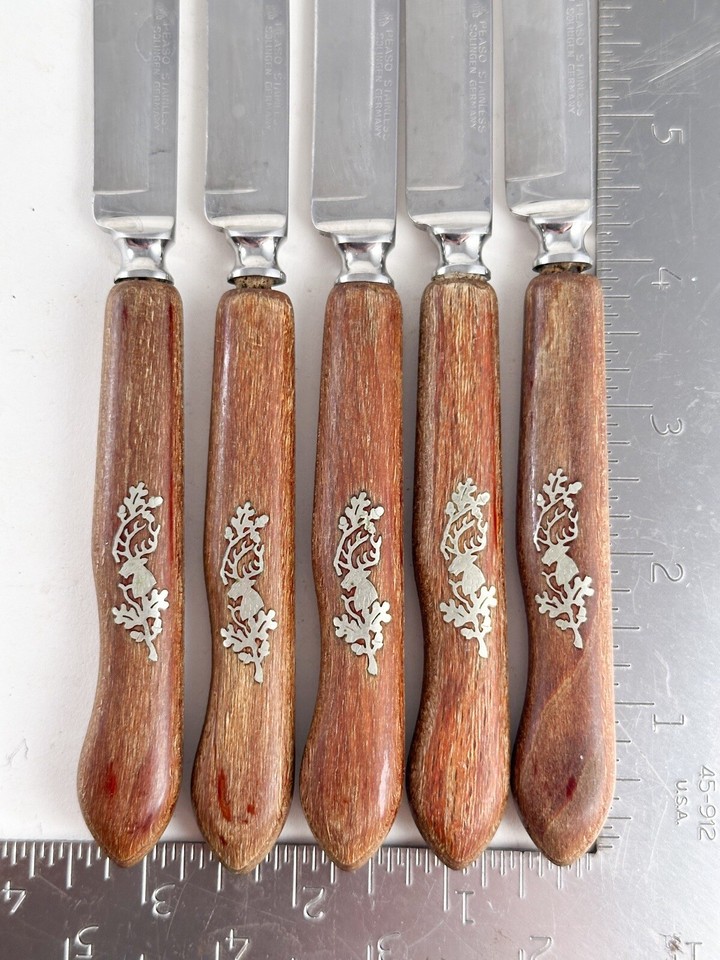 (5) VTG Peaso Germany Solingen SS Steak Knives Inlaid Silver Deer ...