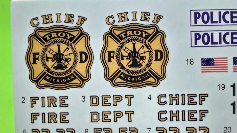 Amt 70 Chevy Impala 1/25 Decal Sheet Fire Chief Police Car Troy MI Pin ...