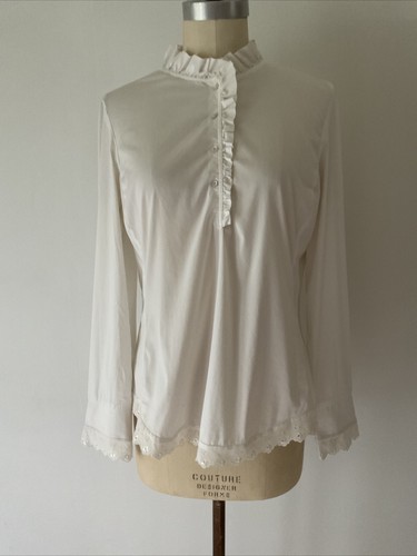 Zara White Blouse Ruffle Neck Embroidered Cotton Trim On Cuffs And Hem ...