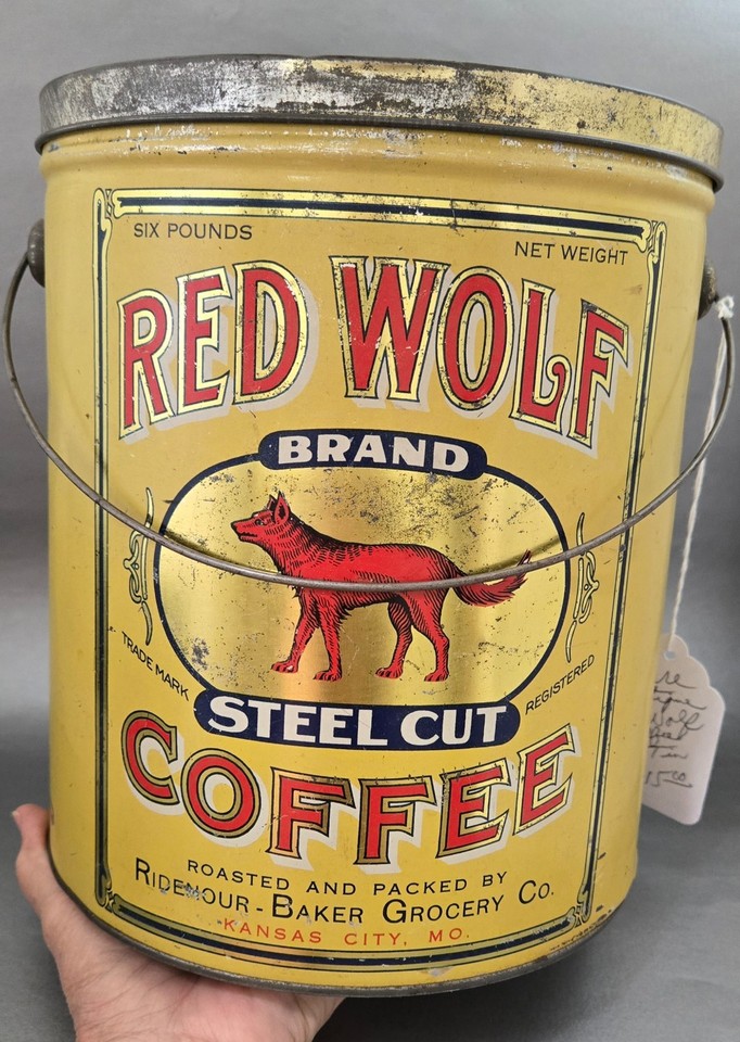 ANTIQUE RED WOLF COFFEE CAN TIN 6 LBS RIDENOUR-BAKER GROCERY CO. KANSAS CITY MO. | eBay