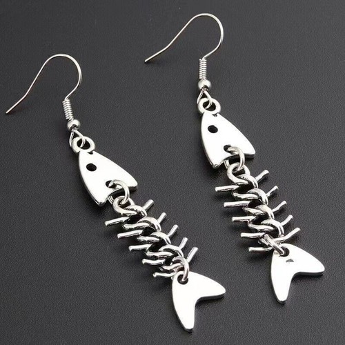 925 Silver Plated Hook Fish Bones Skeleton Earrings Long Drop Dangle ...