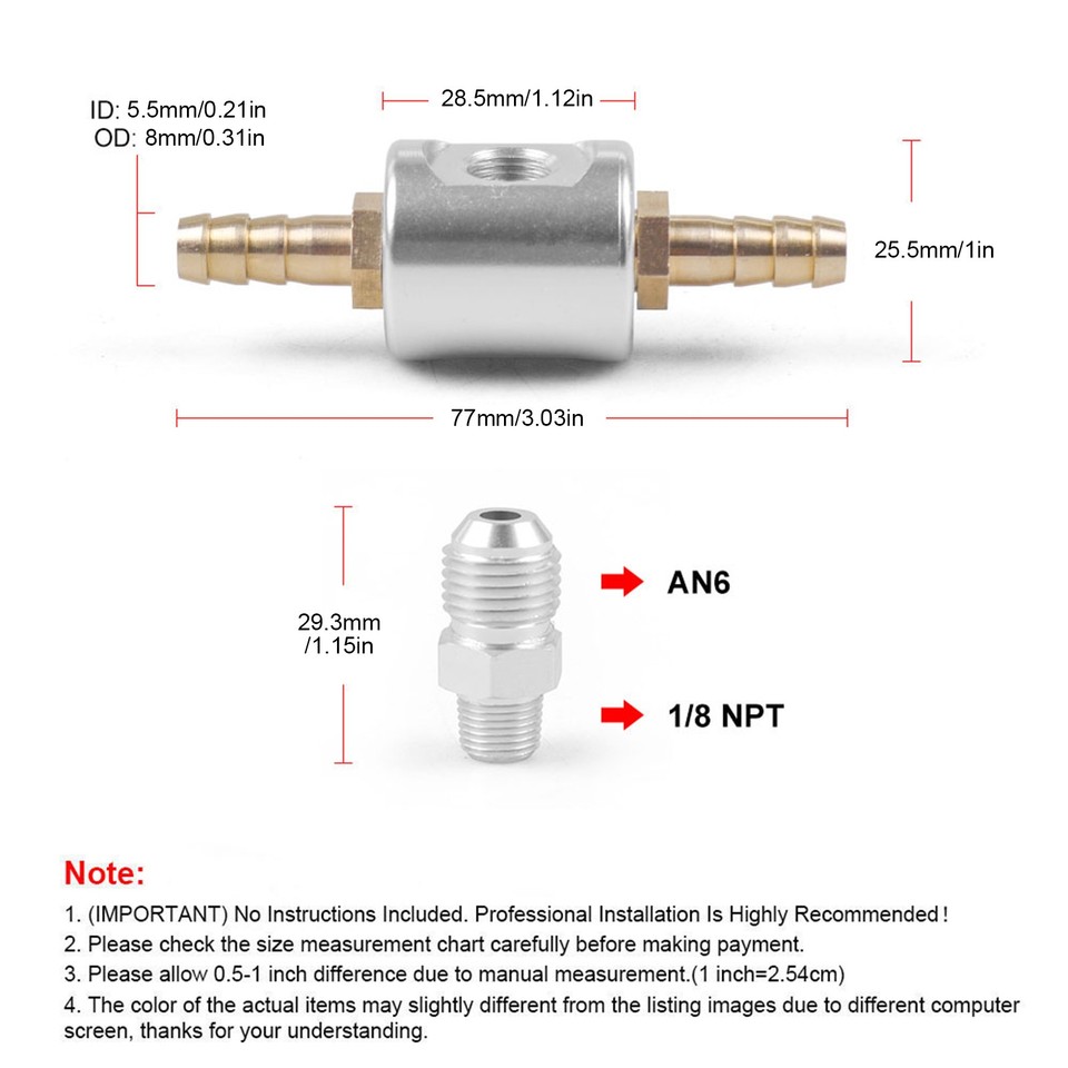 Inline Fuel Pressure Gauge Adaptor Kit With 9mm Hose &AN6 Connections ...
