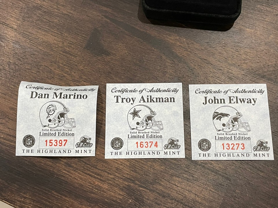 Avon 1999 NFL Collector’s Coins w/ COAs DAN MARINO TROY AIKMAN JOHN ...