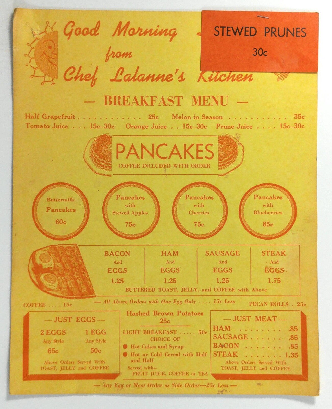 1960's Vintage BREAKFAST Menu CHEF LALANNE'S KITCHEN North Platte ...