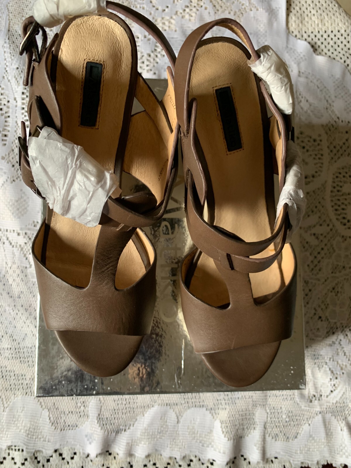 Women Authentic MATIKO Brown Leather TRESSA Wood Wedge Heels Sandals 8. ...