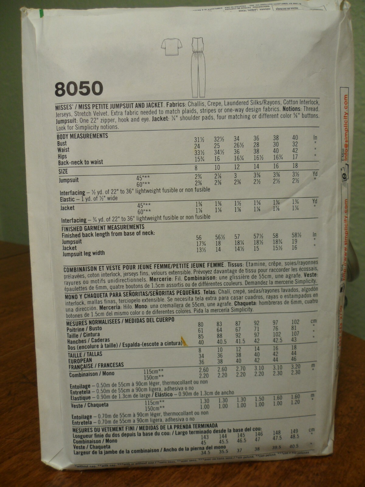 Simplicity Sewing Pattern 8050 Size 8-18 Misses Jumpsuit & Jacket NOS ...