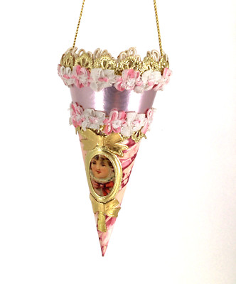 Victorian style CONE Pink paper Dresden Gold trim candy container ...