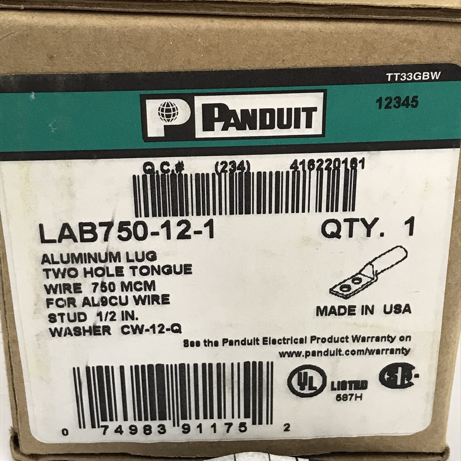 Panduit LAB750-12-1 Aluminum 2-hole Compression Lug 1/2” Studs 750 MCM ...
