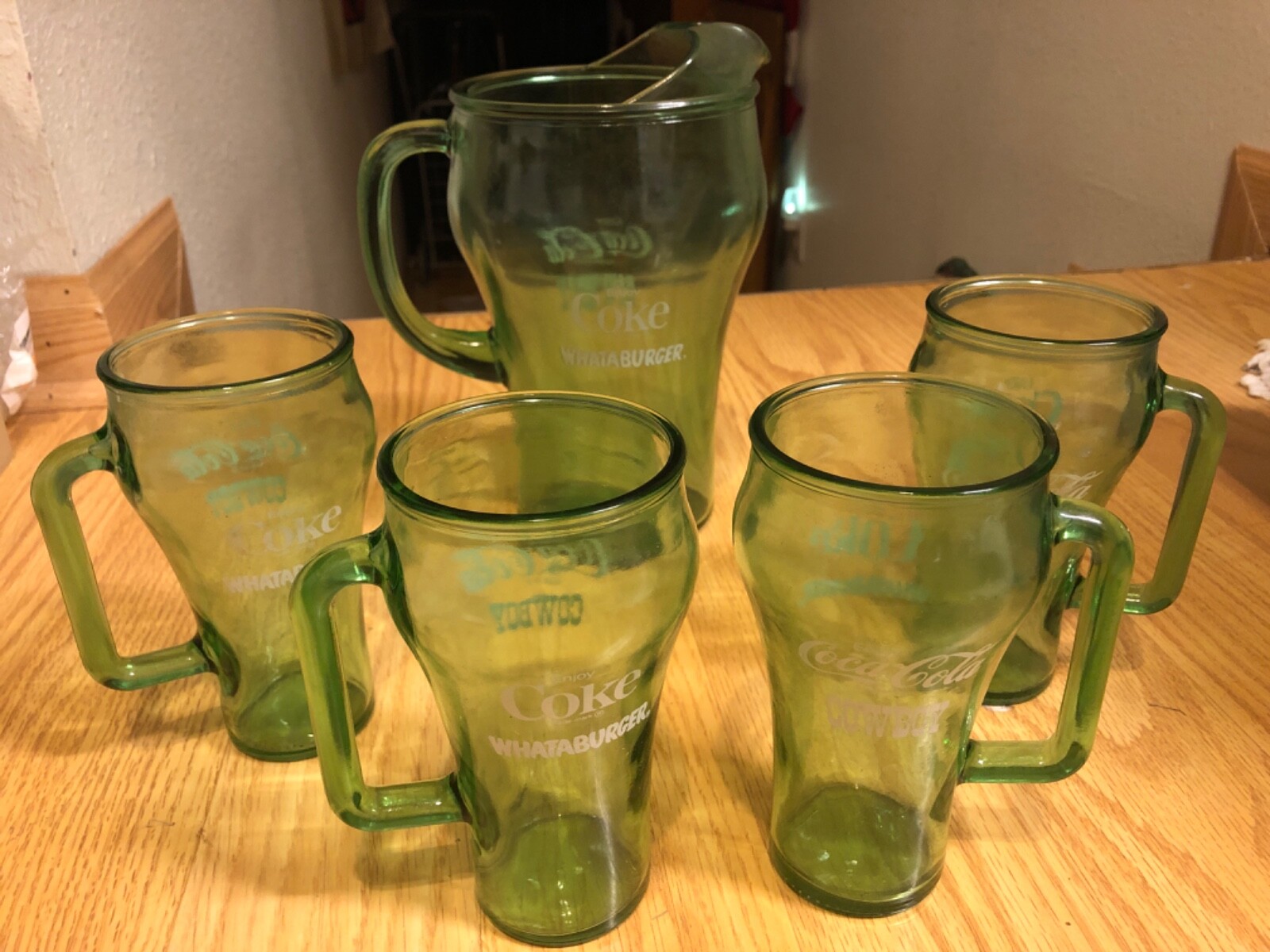 SET Coca-Cola Whataburger Cowboy Green Glass Pitcher w/ 4 cups | eBay