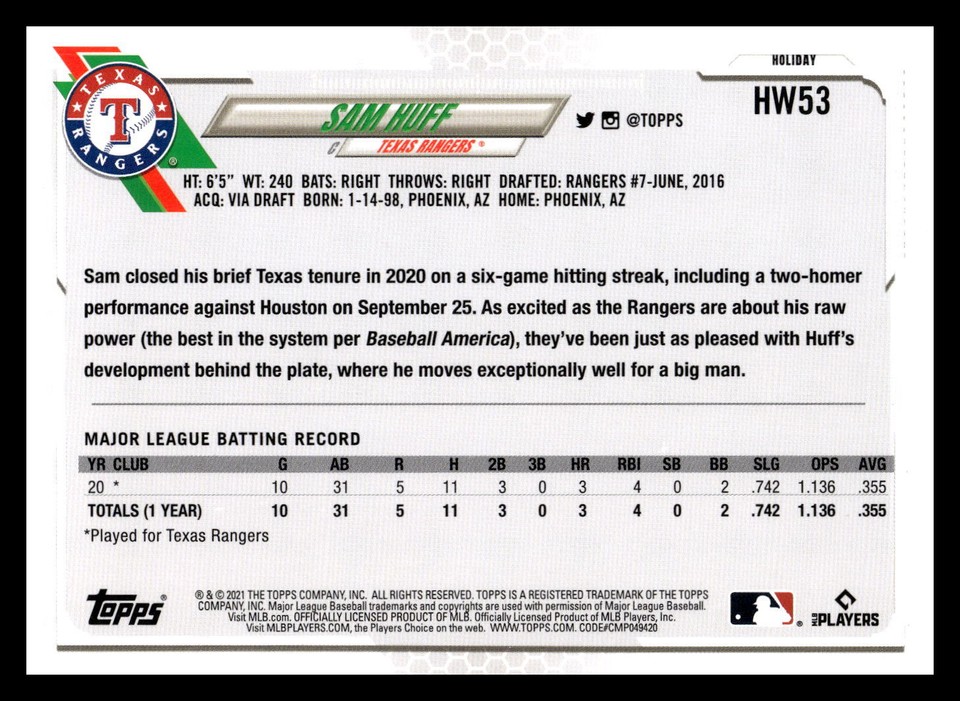 2021 Topps Holiday #HW53 Sam Huff Texas Rangers RC Baseball NM | eBay