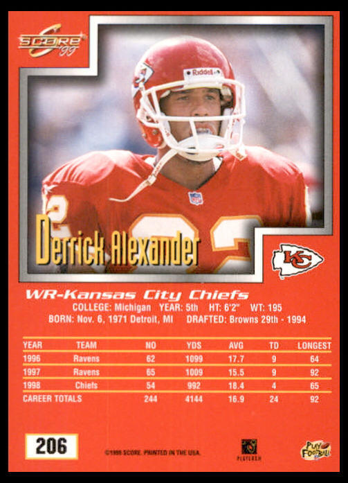 1999 Score #206 Derrick Alexander WR Kansas City Chiefs Football Card ...