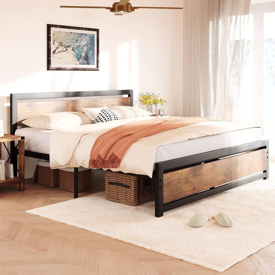 Full Queen King Size Bed Frame with Wooden Headboard Heavy Duty Metal ...