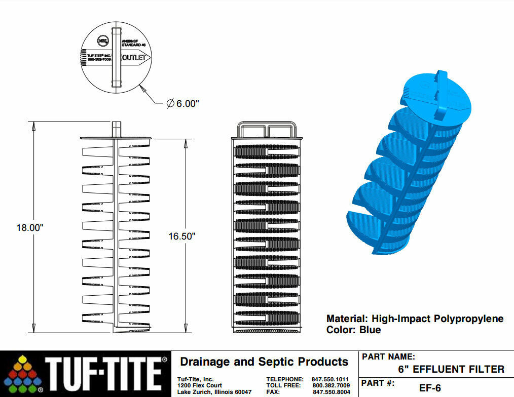 Tuf-Tite 6" Septic Effluent Filter w/ Adapter Fitting & Solids ...