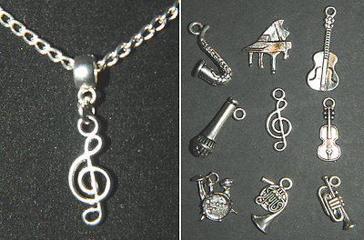 Silver Music Pendant 16" Silver Chain Necklace : Guitar Drums Horn Sax ...