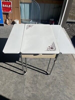 Vintage Porcelain Enamel Top Table w/ Slide Outs Black White Red With ...