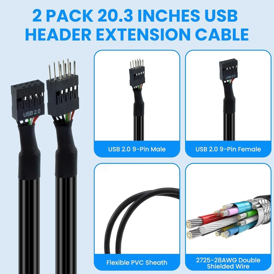 USB Header Extension Cable, 20.3 Inches USB 2.0 9-Pin Male to Female ...