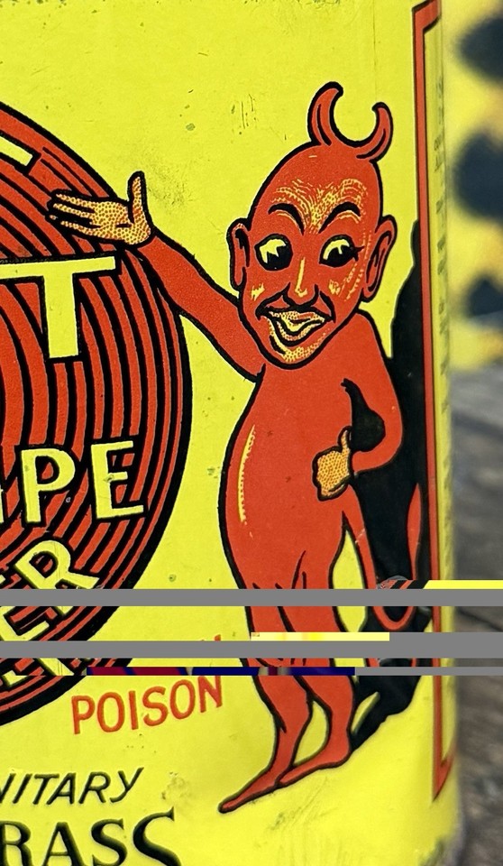 VINTAGE C. 1920 HOT SHOT CLEANER CAN TIN SIGN POISON PLUMBER DEVIL ...