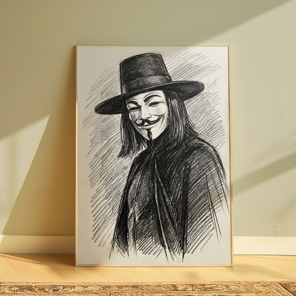 V FOR VENDETTA GUY FAWKES DRAWING PRINT SKETCH 8" x 10" PRINT WALL ART ...