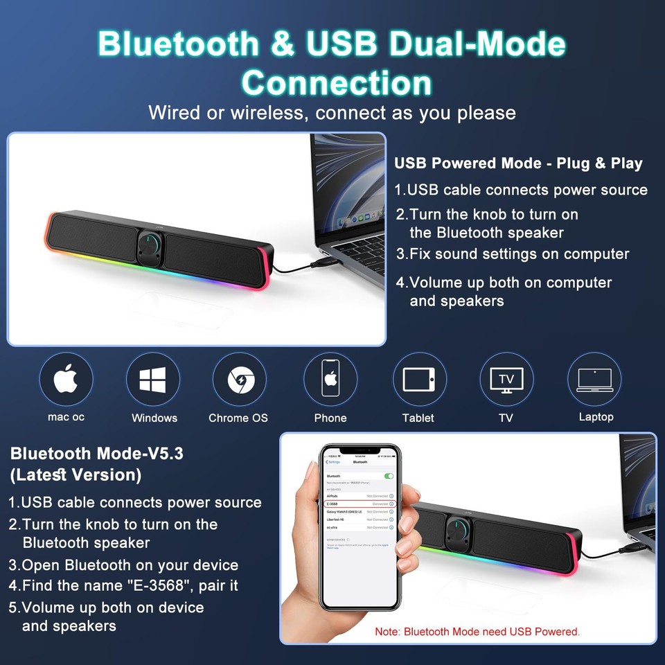 Computer Speakers - Wired USB Powered Bluetooth Computer Sound Bar with ...
