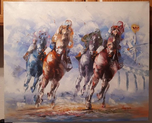 VINTAGE SIGNED AMERICAN SCHOOL OIL PAINTING JOCKEYS HORSE RACING ...