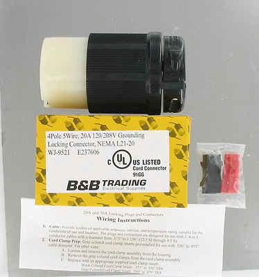 NEMA L21-20 Female Connector 20A 3Ø Y 120/208V 4 Pole 5 Wire Grounding ...