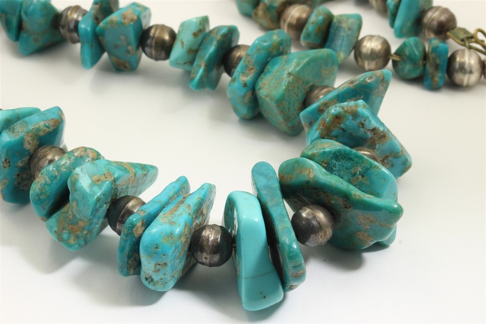 Vintage Navajo Sterling Silver Old Pawn Graduated Turquoise Slab Bead ...
