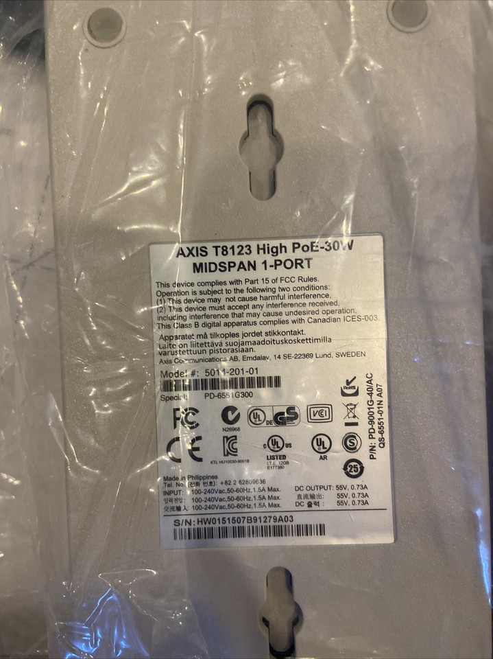 AXIS T8123 High POE-30W Midspan 1-Port Model 5014-201-01 Power Injector ...