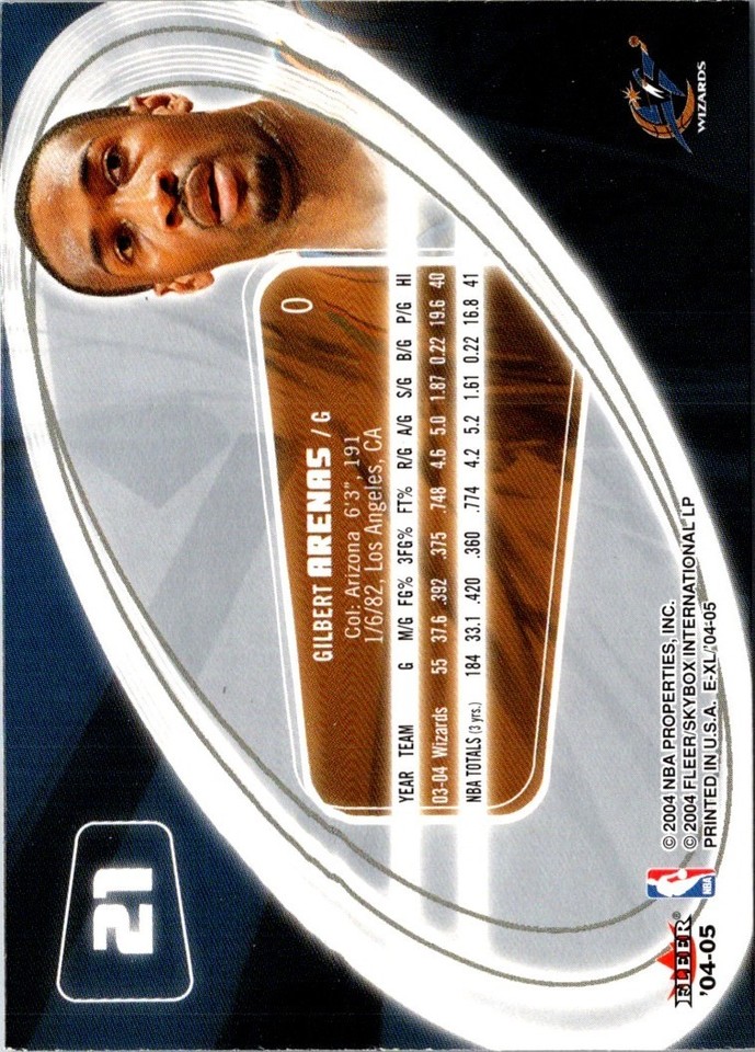 2004 SkyBox E-XL Gilbert Arenas #21 Washington Wizards Basketball Card ...
