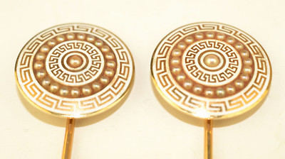 ANTIQUE PAIR 14K YELLOW GOLD 9" ENAMEL SEED PEARL HINGED HATPIN GREEK ...