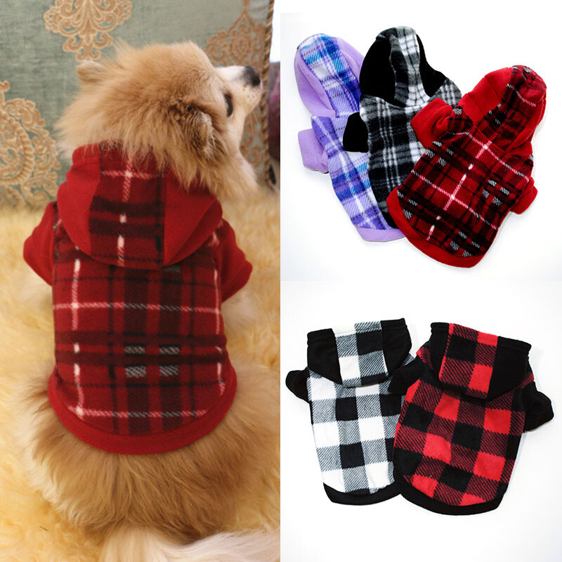 Warm Polar Fleece Plaid Dog Clothes Pet Hooded Casual Costume ...
