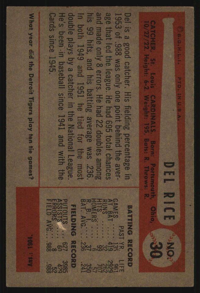 1954 Bowman #30 Del Rice Jr. VGEX Cardinals 567475 | eBay
