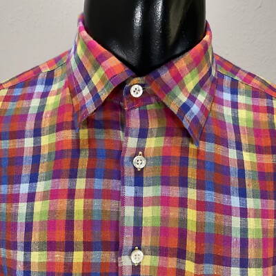Scott Barber Long Sleeve Linen Shirt Sz M Plaid | eBay