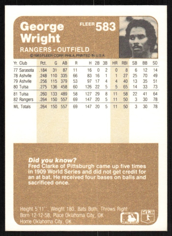 1983 Fleer Baseball George Wright RC #583 Texas Rangers | eBay