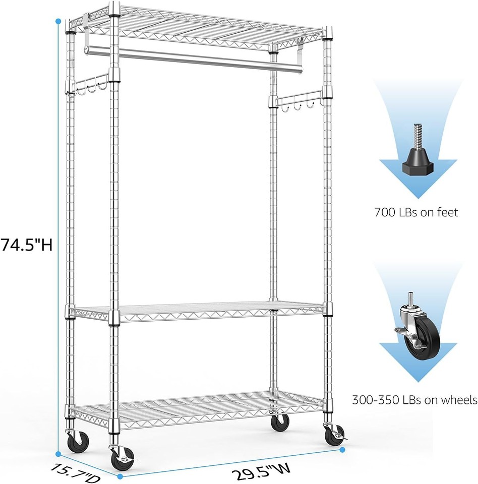 Heavy Duty Rolling Hanging Garment Racks Shelves 15.7*29.5*74.5 ...