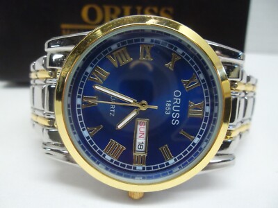 Men's ORUSS Watch Navy Blue Face 1853 Day/Date Silver & Gold Tone | eBay